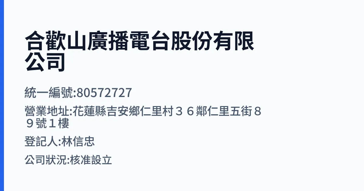 合歡山廣播電台股份有限公司 - 統編 80572727(花蓮縣) 公司登記資料與營業項目詳細圖表