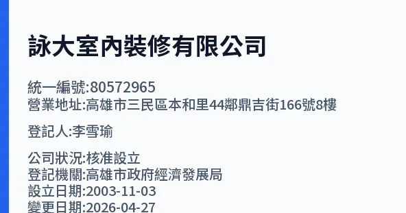 詠大室內裝修有限公司的照片-統編 80572965(高雄市) 公司登記資料與營業項目詳細圖表