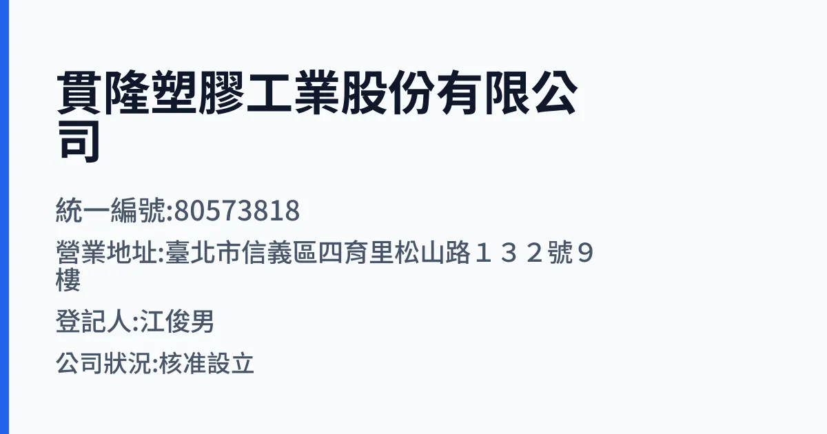貫隆塑膠工業股份有限公司 - 統編 80573818（臺北市） 公司登記資料與營業項目詳細圖表