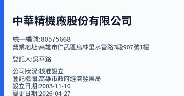 中華精機廠股份有限公司的照片-統編 80575668(高雄市) 公司登記資料與營業項目詳細圖表