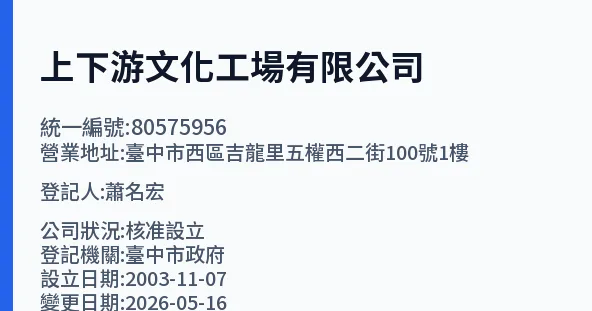 上下游文化工場有限公司的照片-統編 80575956(臺中市) 公司登記資料與營業項目詳細圖表