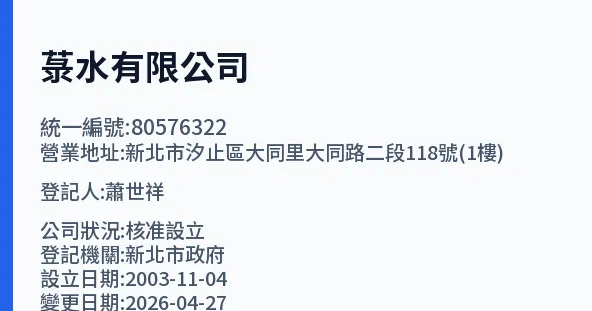 菉水有限公司的照片-統編 80576322(新北市) 公司登記資料與營業項目詳細圖表