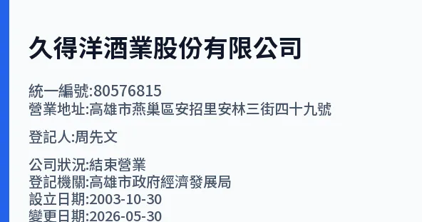久得洋酒業股份有限公司的照片-統編 80576815(高雄市) 公司登記資料與營業項目詳細圖表