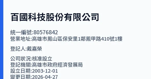 百國科技股份有限公司的照片-統編 80576842(高雄市) 公司登記資料與營業項目詳細圖表