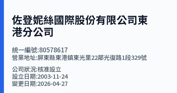 佐登妮絲國際股份有限公司東港分公司的照片-統編 80578617(屏東縣) 公司登記資料與營業項目詳細圖表