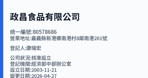 政昌食品有限公司的照片-統編 80578686(嘉義縣) 公司登記資料與營業項目詳細圖表