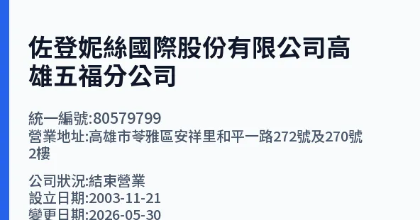 佐登妮絲國際股份有限公司高雄五福分公司的照片-統編 80579799(高雄市) 公司登記資料與營業項目詳細圖表