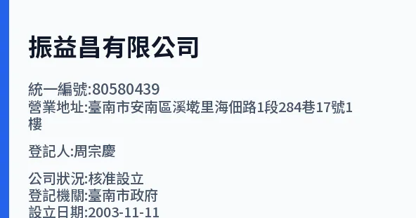 振益昌有限公司的照片-統編 80580439(臺南市) 公司登記資料與營業項目詳細圖表