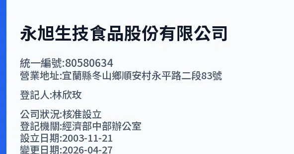 永旭生技食品股份有限公司的照片-統編 80580634(宜蘭縣) 公司登記資料與營業項目詳細圖表