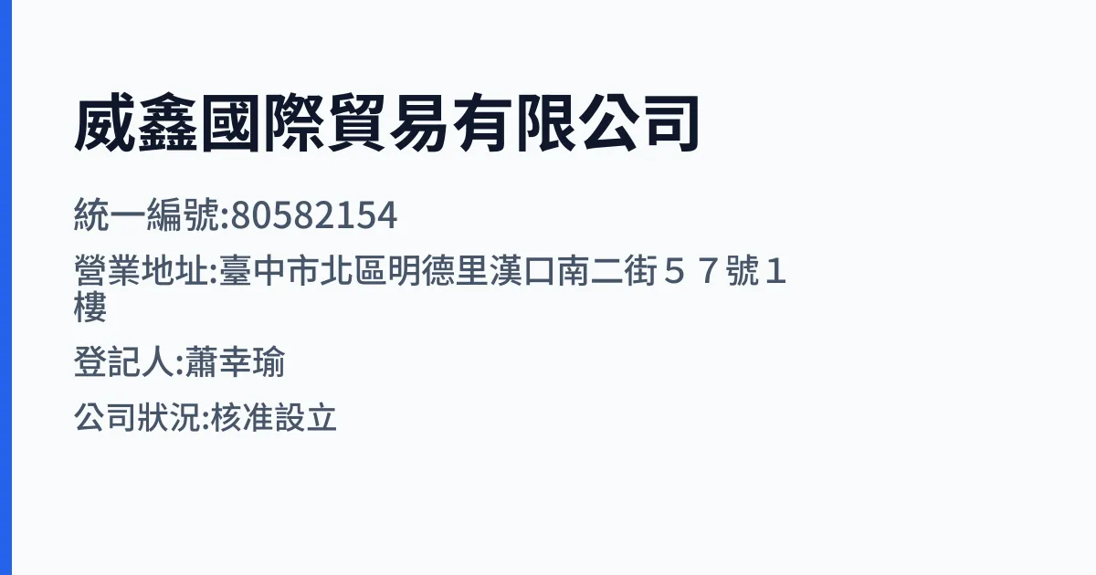 威鑫國際貿易有限公司 - 統編 80582154(臺中市) 公司登記資料與營業項目詳細圖表