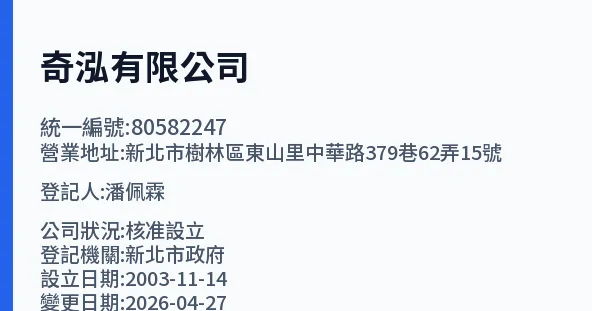 奇泓有限公司的照片-統編 80582247(新北市) 公司登記資料與營業項目詳細圖表