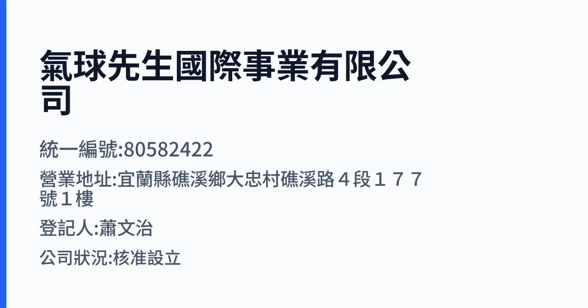 氣球先生國際事業有限公司 - 統編 80582422(宜蘭縣) 公司登記資料與營業項目詳細圖表