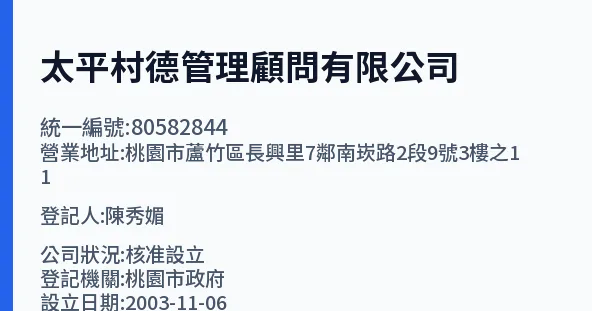 太平村德管理顧問有限公司的照片-統編 80582844(桃園市) 公司登記資料與營業項目詳細圖表