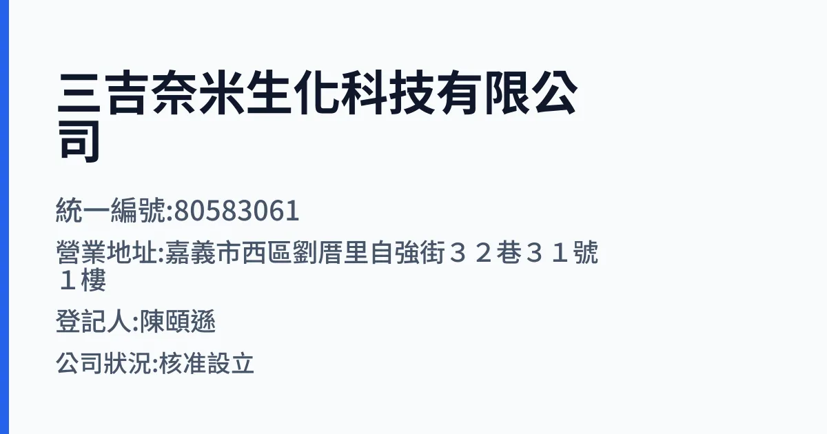 三吉奈米生化科技有限公司 - 統編 80583061（嘉義市） 公司登記資料與營業項目詳細圖表
