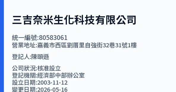 三吉奈米生化科技有限公司的照片-統編 80583061(嘉義市) 公司登記資料與營業項目詳細圖表