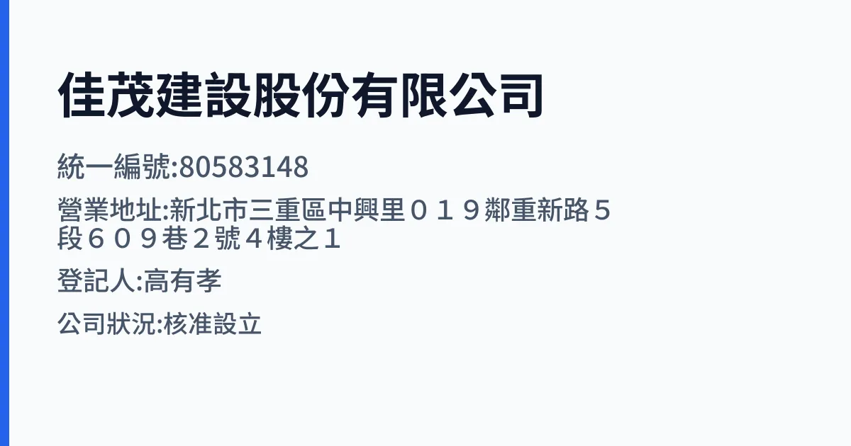 佳茂建設股份有限公司 - 統編 80583148(新北市) 公司登記資料與營業項目詳細圖表