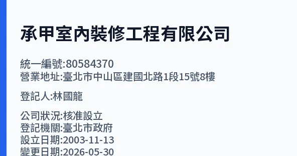 承甲室內裝修工程有限公司的照片-統編 80584370(臺北市) 公司登記資料與營業項目詳細圖表