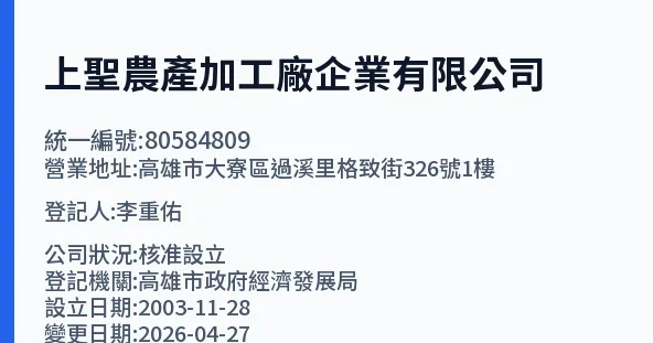 上聖農產加工廠企業有限公司的照片-統編 80584809(高雄市) 公司登記資料與營業項目詳細圖表