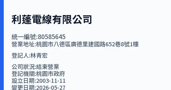 利蓬電線有限公司的照片-統編 80585645(桃園市) 公司登記資料與營業項目詳細圖表