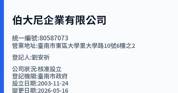 伯大尼企業有限公司的照片-統編 80587073(臺南市) 公司登記資料與營業項目詳細圖表