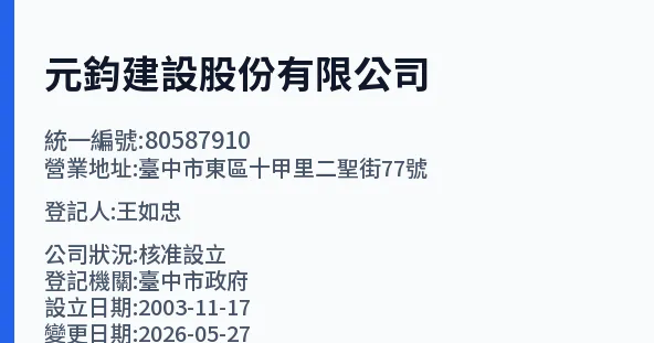 元鈞建設股份有限公司的照片-統編 80587910(臺中市) 公司登記資料與營業項目詳細圖表
