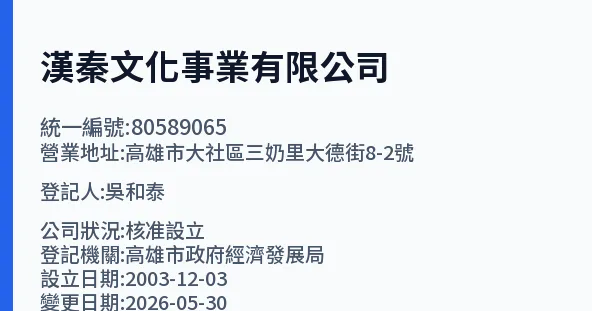 漢秦文化事業有限公司的照片-統編 80589065(高雄市) 公司登記資料與營業項目詳細圖表