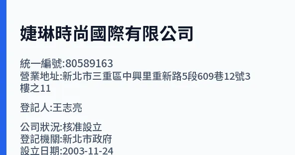 婕琳時尚國際有限公司的照片-統編 80589163(新北市) 公司登記資料與營業項目詳細圖表