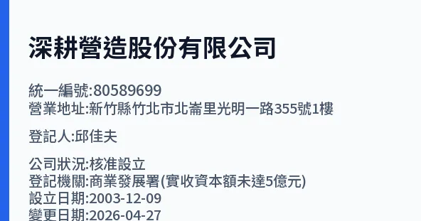深耕營造股份有限公司的照片-統編 80589699(新竹縣) 公司登記資料與營業項目詳細圖表