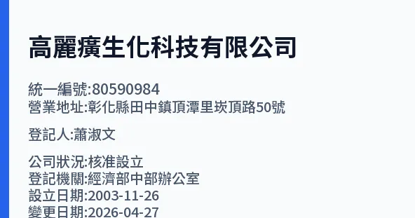 高麗癀生化科技有限公司的照片-統編 80590984(彰化縣) 公司登記資料與營業項目詳細圖表