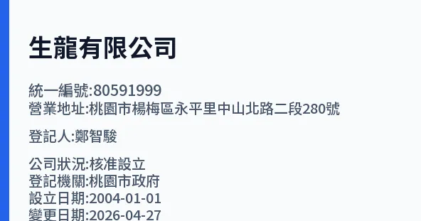 生龍有限公司的照片-統編 80591999(桃園市) 公司登記資料與營業項目詳細圖表