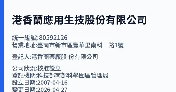 港香蘭應用生技股份有限公司的照片-統編 80592126(臺南市) 公司登記資料與營業項目詳細圖表