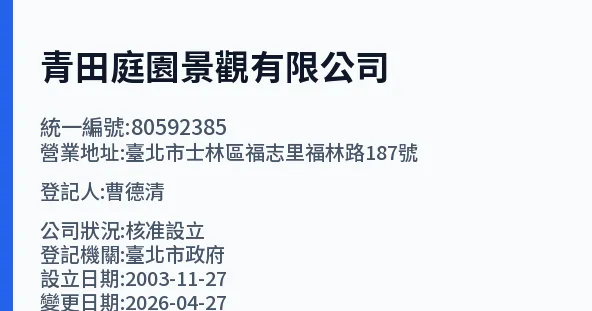 青田庭園景觀有限公司的照片-統編 80592385(臺北市) 公司登記資料與營業項目詳細圖表