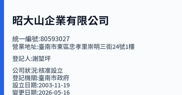昭大山企業有限公司的照片-統編 80593027(臺南市) 公司登記資料與營業項目詳細圖表