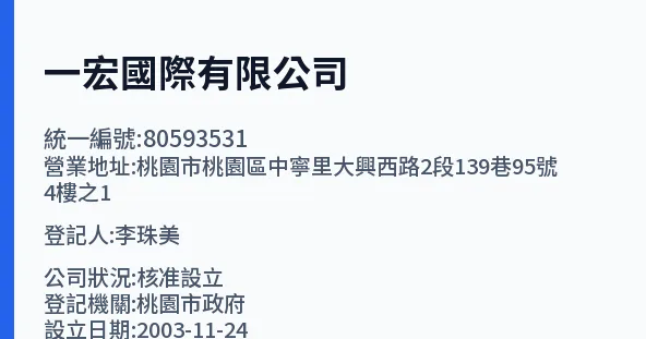 一宏國際有限公司的照片-統編 80593531(桃園市) 公司登記資料與營業項目詳細圖表