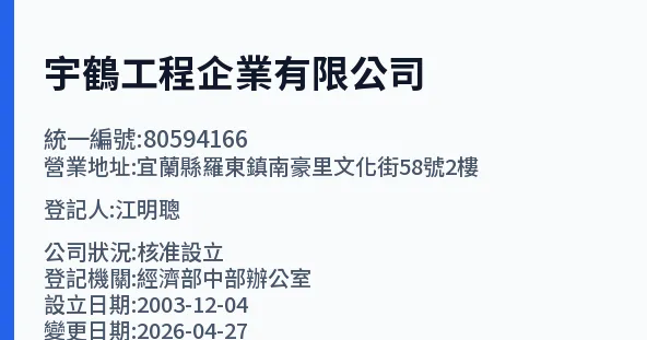 宇鶴工程企業有限公司的照片-統編 80594166(宜蘭縣) 公司登記資料與營業項目詳細圖表