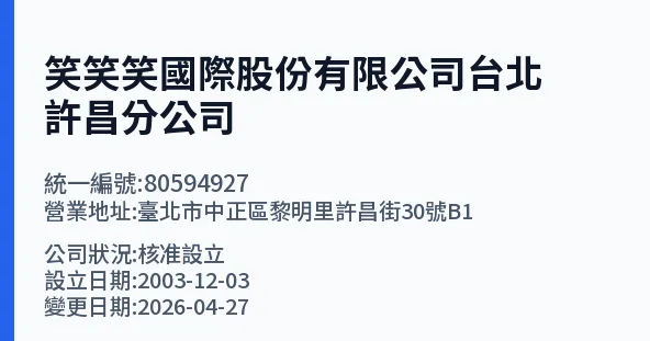 笑笑笑國際股份有限公司台北許昌分公司的照片-統編 80594927(臺北市) 公司登記資料與營業項目詳細圖表