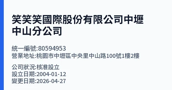 笑笑笑國際股份有限公司中壢中山分公司的照片-統編 80594953(桃園市) 公司登記資料與營業項目詳細圖表