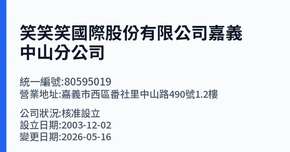 笑笑笑國際股份有限公司嘉義中山分公司的照片-統編 80595019(嘉義市) 公司登記資料與營業項目詳細圖表