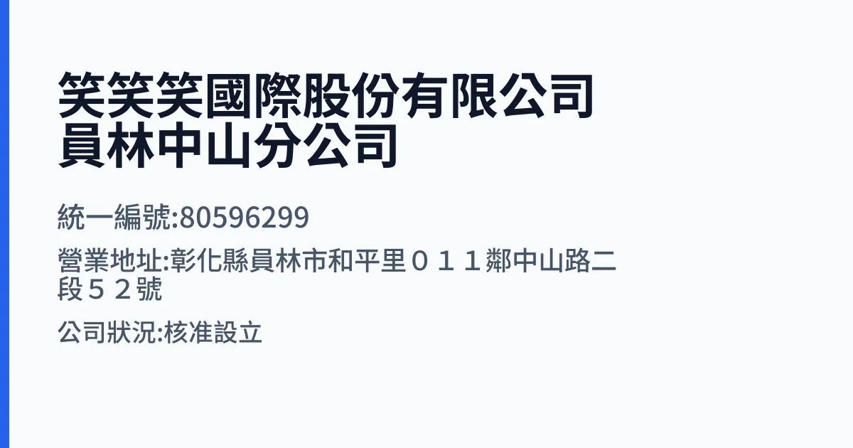 笑笑笑國際股份有限公司員林中山分公司 - 統編 80596299(彰化縣) 公司登記資料與營業項目詳細圖表