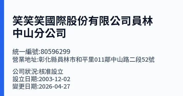 笑笑笑國際股份有限公司員林中山分公司的照片-統編 80596299(彰化縣) 公司登記資料與營業項目詳細圖表