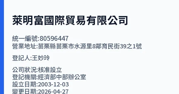 萊明富國際貿易有限公司的照片-統編 80596447(苗栗縣) 公司登記資料與營業項目詳細圖表