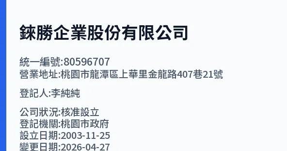 錸勝企業股份有限公司的照片-統編 80596707(桃園市) 公司登記資料與營業項目詳細圖表