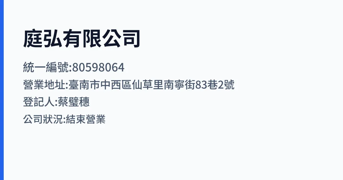 庭弘有限公司 - 統編 80598064(臺南市) 公司登記資料與營業項目詳細圖表