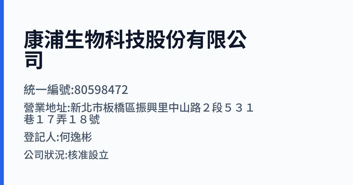康浦生物科技股份有限公司 - 統編 80598472(新北市) 公司登記資料與營業項目詳細圖表