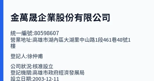 金萬晟企業股份有限公司的照片-統編 80598607(高雄市) 公司登記資料與營業項目詳細圖表
