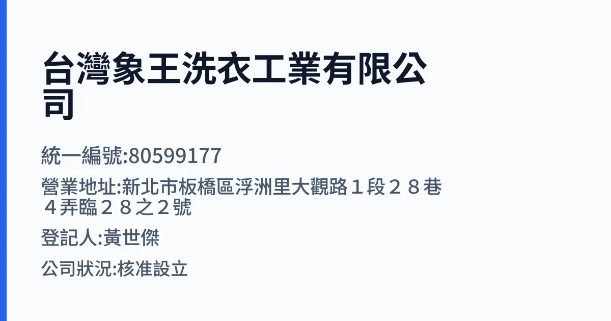 台灣象王洗衣工業有限公司 - 統編 80599177(新北市) 公司登記資料與營業項目詳細圖表