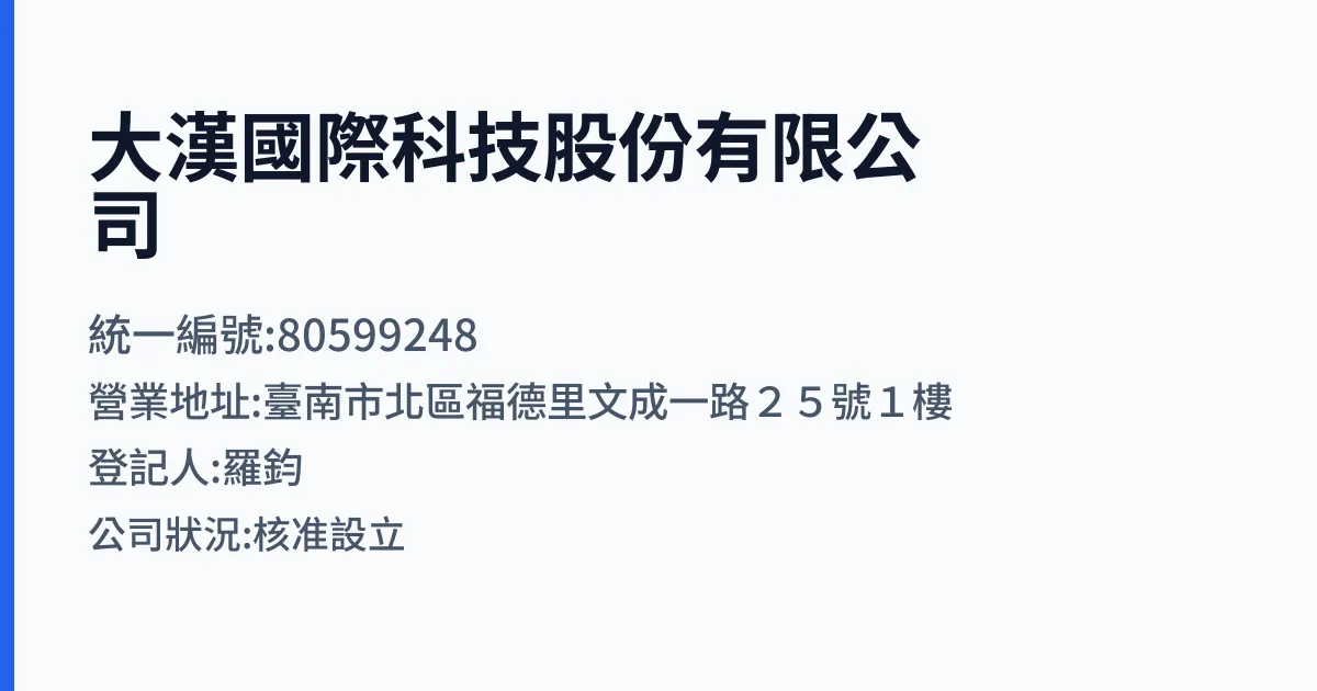 大漢國際科技股份有限公司 - 統編 80599248(臺南市) 公司登記資料與營業項目詳細圖表