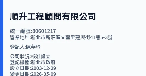 順升工程顧問有限公司的照片-統編 80601217(新北市) 公司登記資料與營業項目詳細圖表