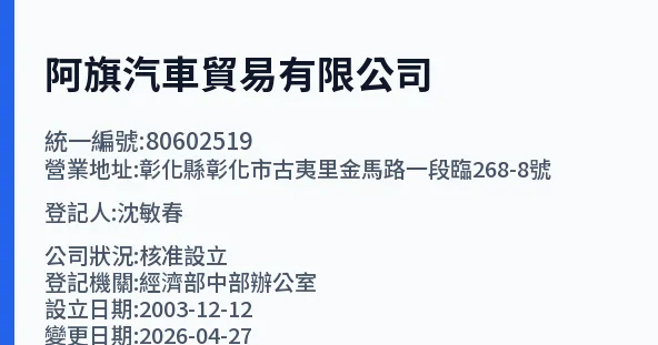 阿旗汽車貿易有限公司的照片-統編 80602519(彰化縣) 公司登記資料與營業項目詳細圖表