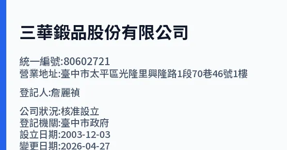 三華鍛品股份有限公司的照片-統編 80602721(臺中市) 公司登記資料與營業項目詳細圖表